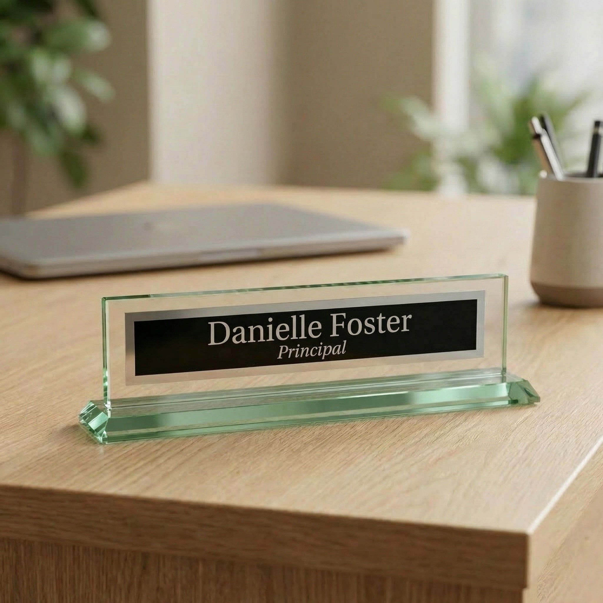 Glass Name Plate – Name & Title | Personalized 10" Engraved Desk Plate
